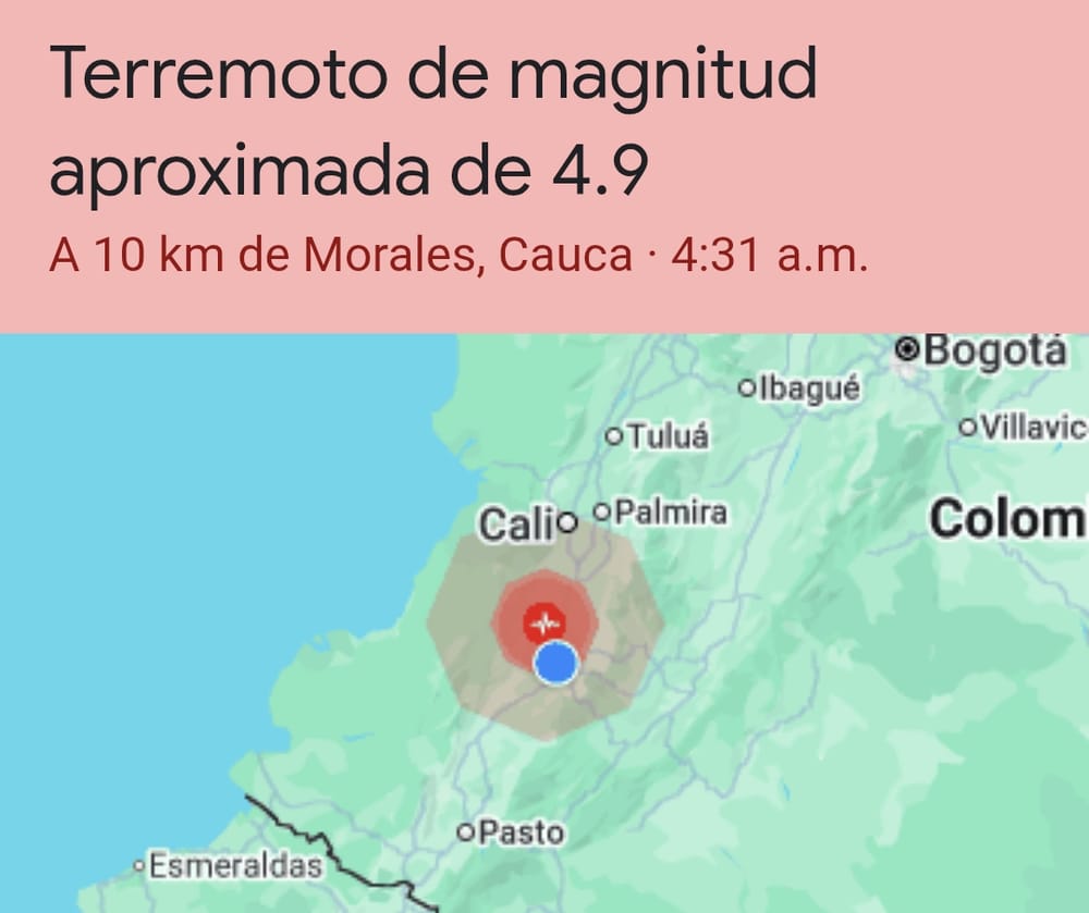 Terremoto en Morales Cauca hoy de magnitud 4.9